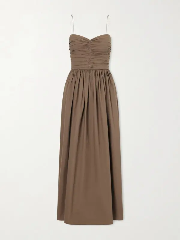 Matteau Gathered Organic Cotton-poplin Midi Dress - Brown