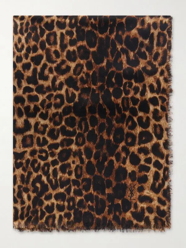 Saint Laurent Leopard-print Wool Scarf - Brown