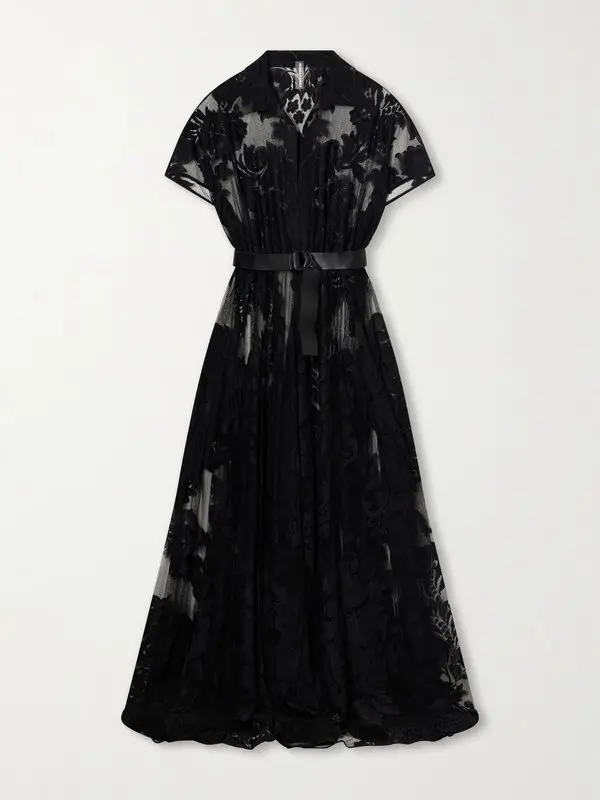 Norma Kamali Belted Embroidered Mesh Gown