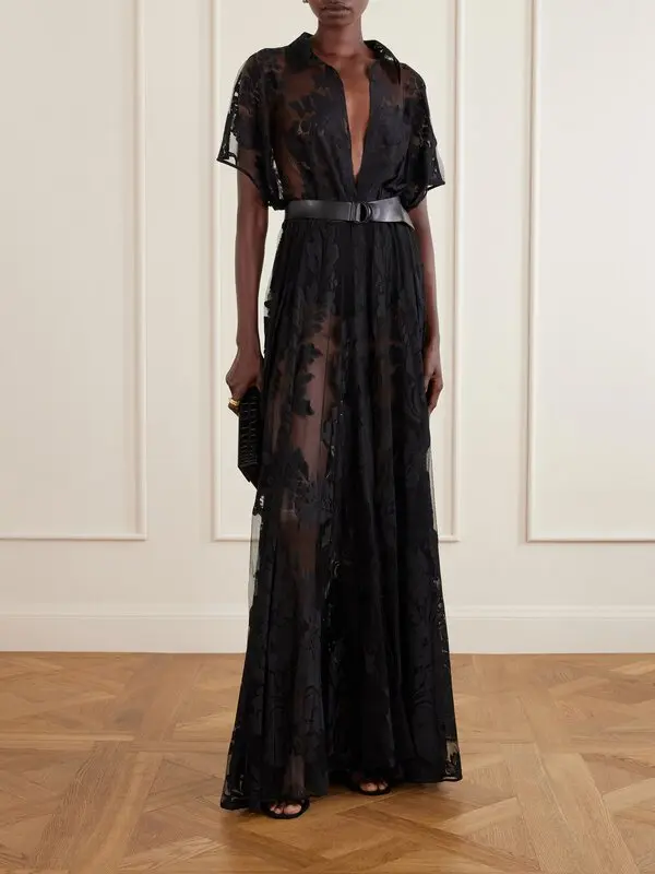 Norma Kamali Belted Embroidered Mesh Gown