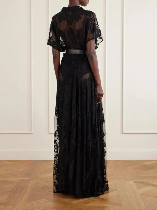 Norma Kamali Belted Embroidered Mesh Gown