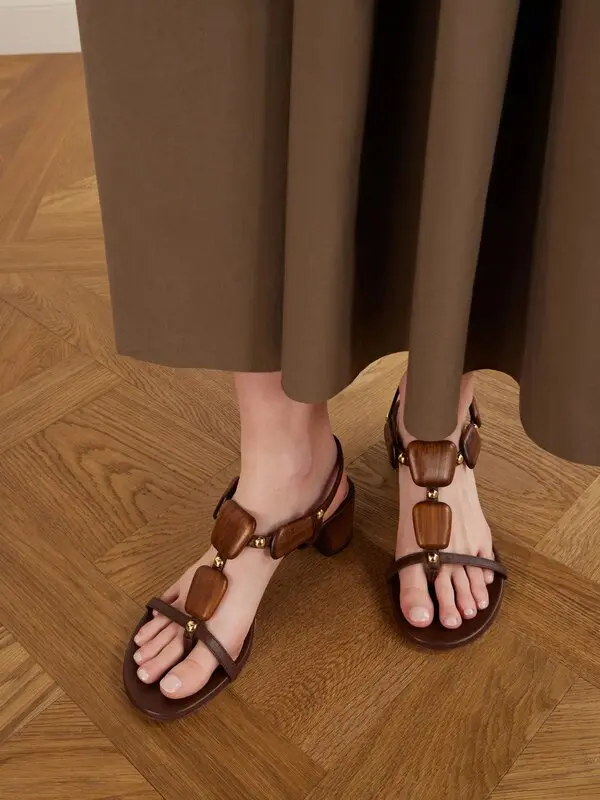 GIANVITO ROSSI Appliquéd Studded Leather Thong Sandals - Brown