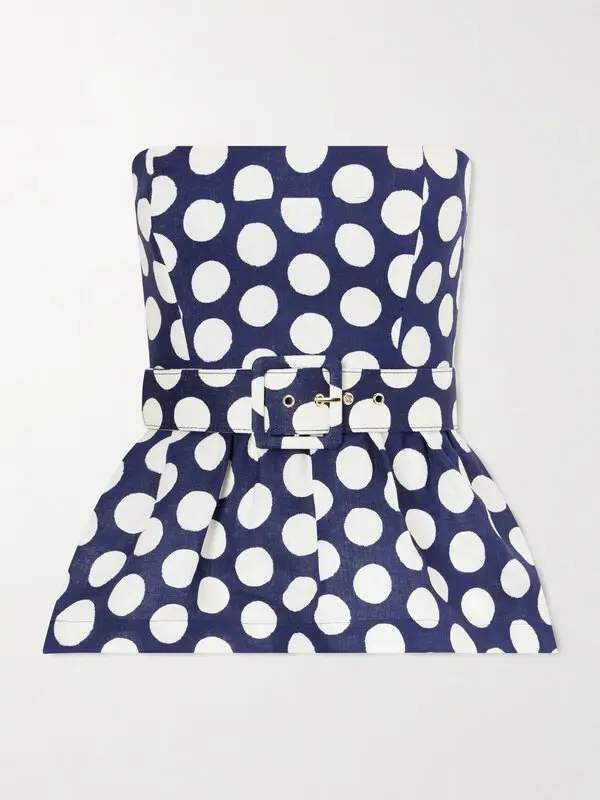 Cara Cara Tilda Strapless Belted Peplum Polka Dot Linen Top - Blue