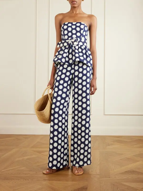 Cara Cara Tilda Strapless Belted Peplum Polka Dot Linen Top - Blue