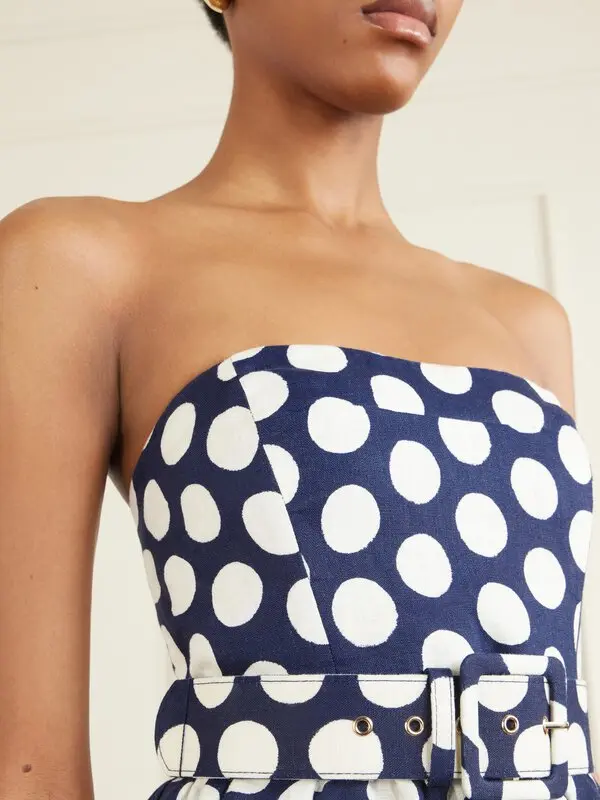 Cara Cara Tilda Strapless Belted Peplum Polka Dot Linen Top - Blue