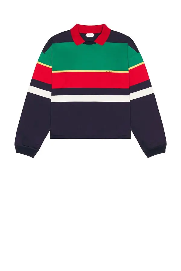 Versace Striped Cotton Jersey Long Sleeve Polo Shirt