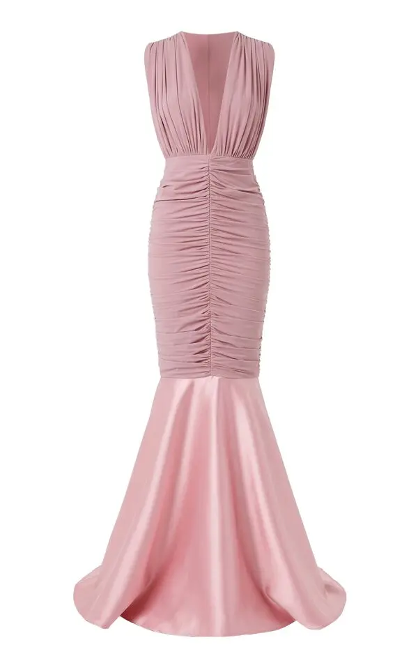 GRETA CONSTANTINE Ruched Silk-wool Maxi Dress - Pink