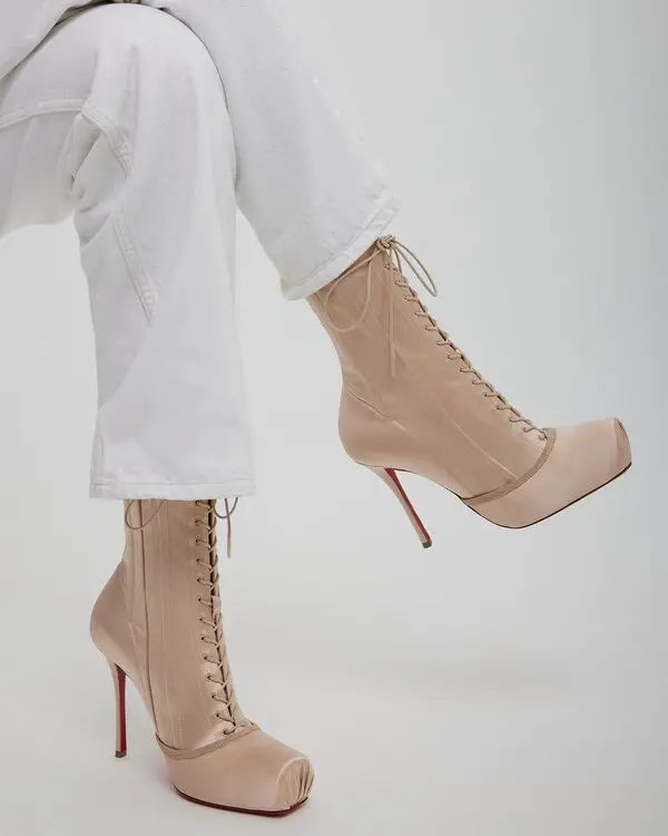 CHRISTIAN LOUBOUTIN Pavlova 100 Lace Up Satin Boots - Beige
