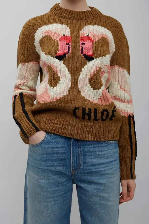 Chloé Flamingo Wool Knit Sweater - Brown