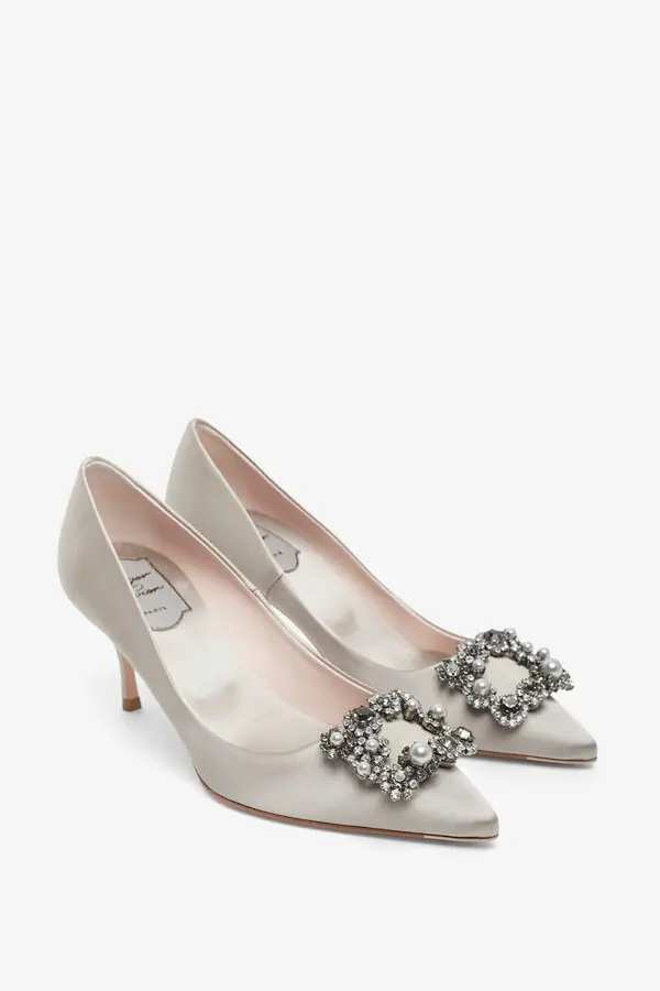 ROGER VIVIER Flower Strass Satin Pumps - Grey
