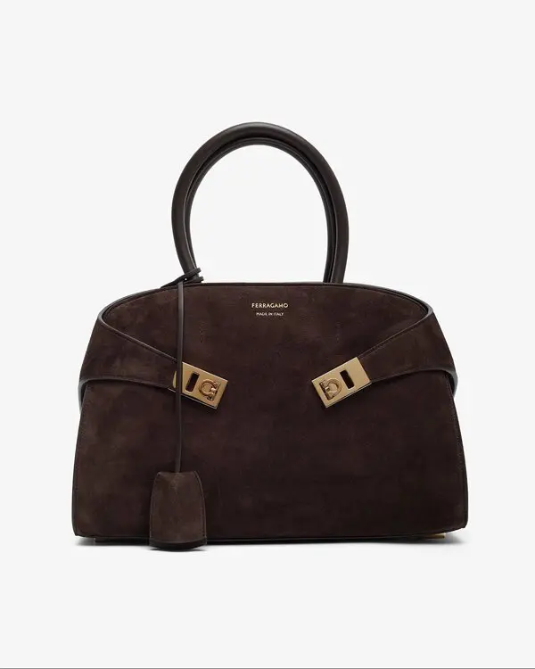 FERRAGAMO Hug Small Suede Top Handle Bag - Brown