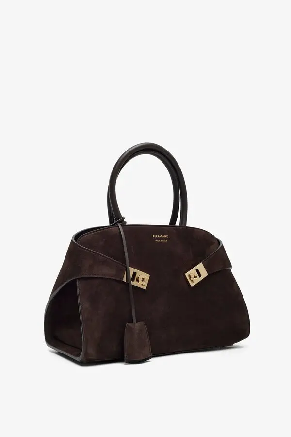 FERRAGAMO Hug Small Suede Top Handle Bag - Brown
