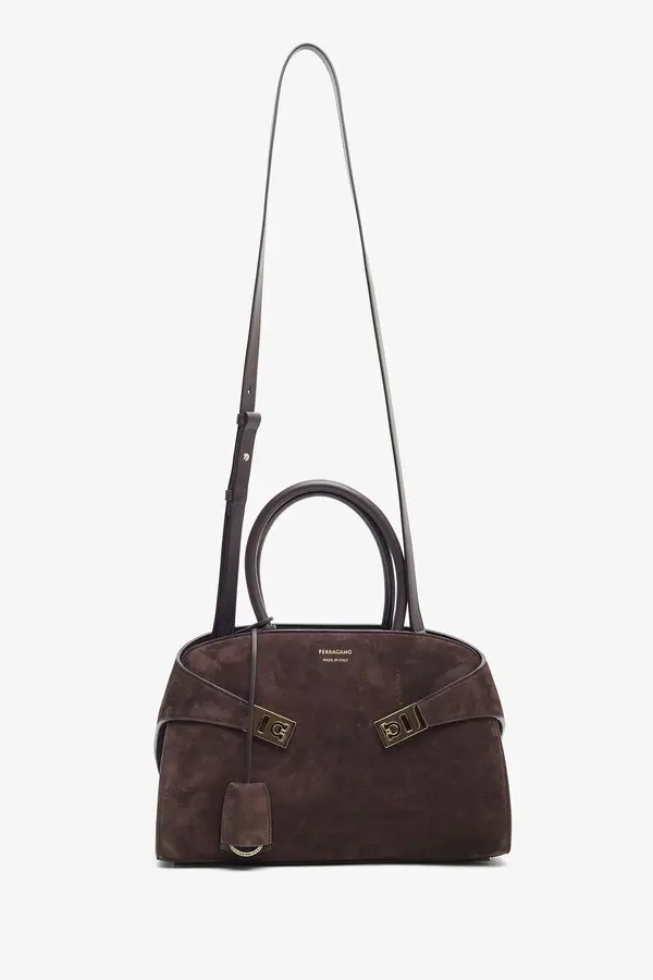 FERRAGAMO Hug Small Suede Top Handle Bag - Brown