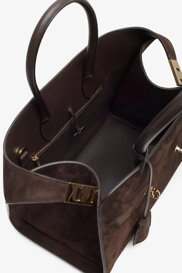 FERRAGAMO Hug Small Suede Top Handle Bag - Brown