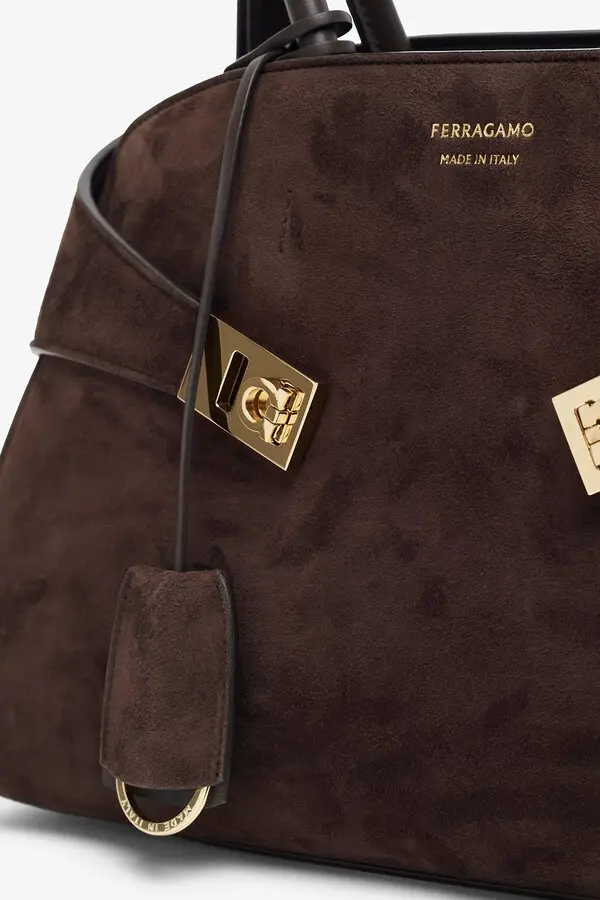 FERRAGAMO Hug Small Suede Top Handle Bag - Brown