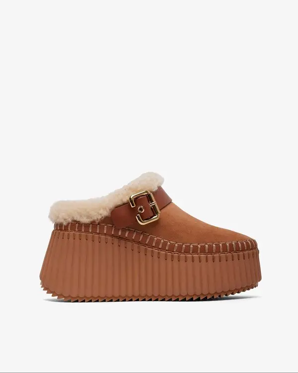 Chloé Nama Shearling Wedge Mules - Brown