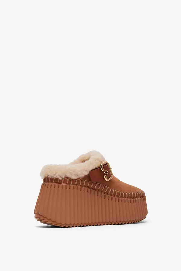 Chloé Nama Shearling Wedge Mules - Brown