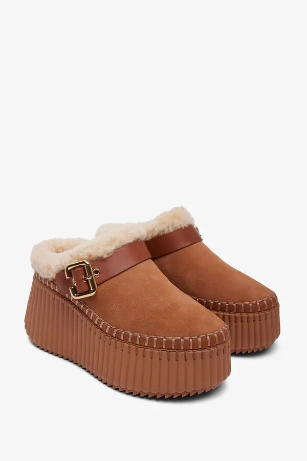 Chloé Nama Shearling Wedge Mules - Brown