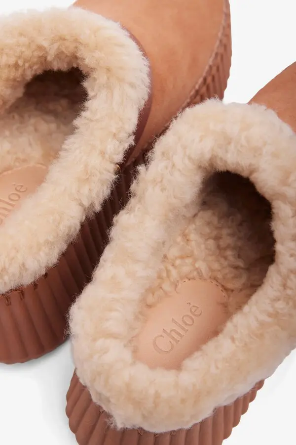 Chloé Nama Shearling Wedge Mules - Brown