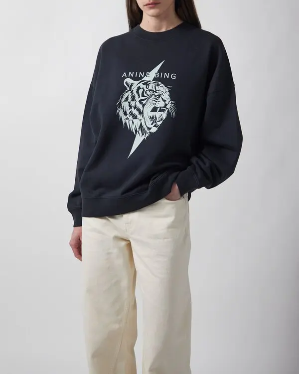 ANINE BING Miles Tiger Graphic Oversized Cotton Fleece Sweatshirt