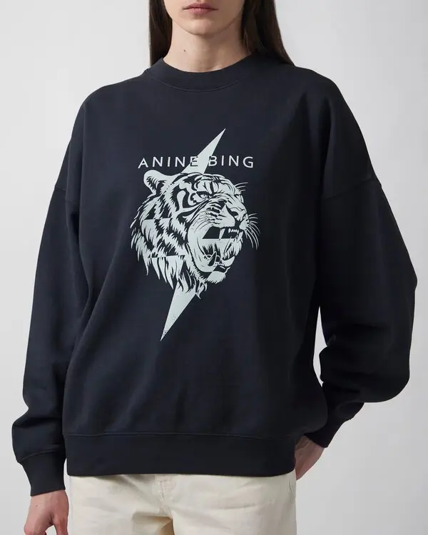 ANINE BING Miles Tiger Graphic Oversized Cotton Fleece Sweatshirt