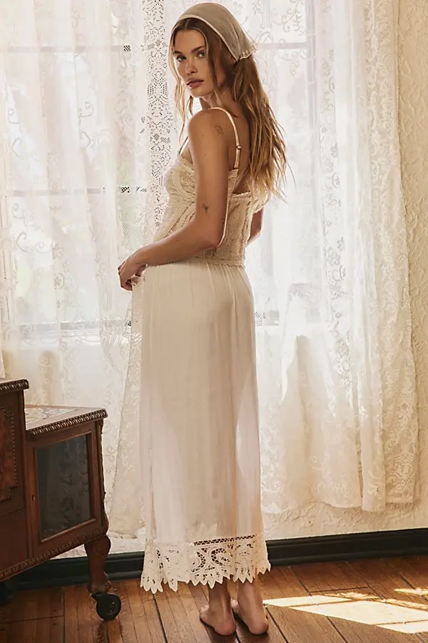 Free People Maxi Slip Skirt With Lace Trim - White Alyssum