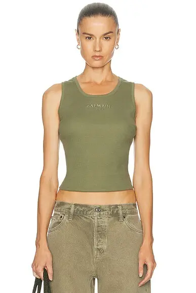 Balmain Small Paris Embroidered Jersey Tank Top - Vert