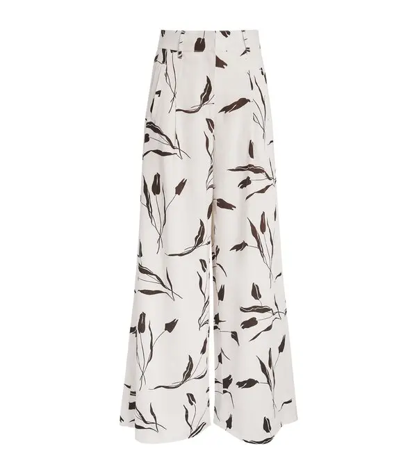 ME+EM Linen-blend Tulip Print Wide-leg Trousers - White