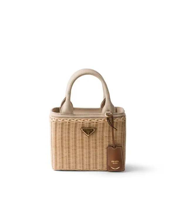 Prada Wicker And Canvas Tote Bag - Tan