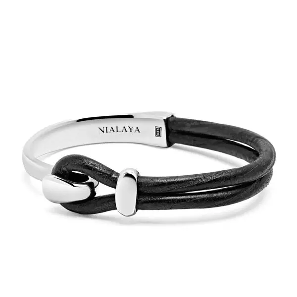 NIALAYA JEWELRY Sterling Silver Hook Leather Bracelet - Silver/black