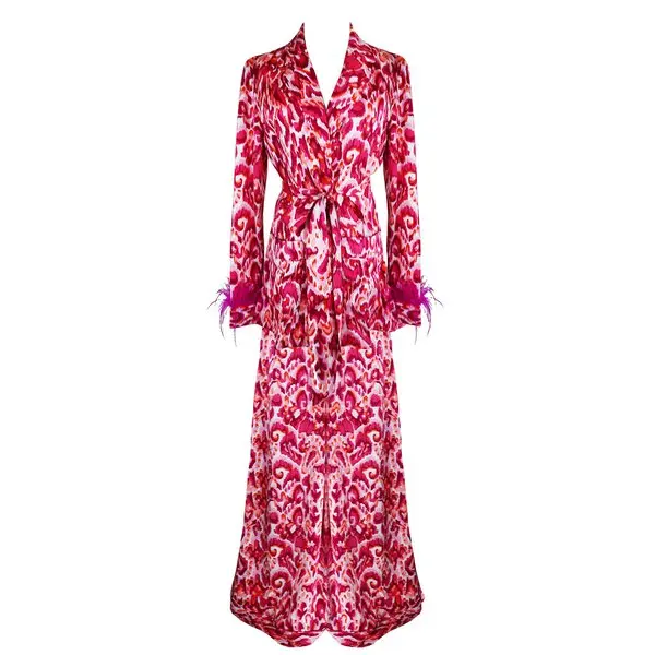 AK ROYALTY RESORTWEAR Printed Silk Set With Ostrich Feather Detail - Pink