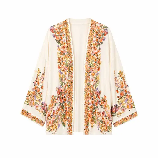 YUMI Floral Border Kimono With Tie Belt - White