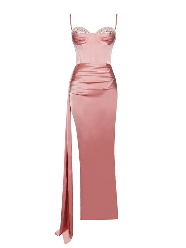 MISS CIRCLE NEW YORK Satin Corset Gown With Crystal Detail - Pink