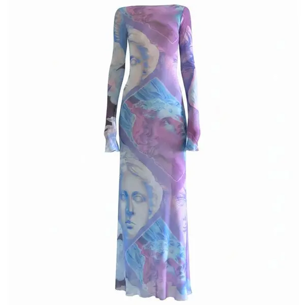 ALOMA STUDIO Brume Maxi Mesh Dress Renaissance Print - Blue