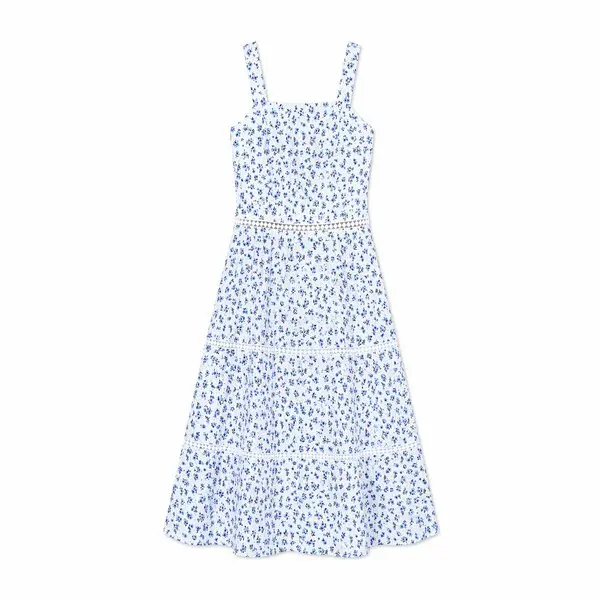 YUMI Ditsy Floral Cotton Midi Sun Dress With Lace Trims - White