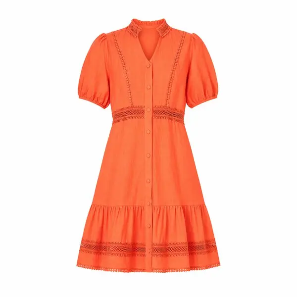 YUMI Cotton Lace Trim Skater Shirt Dress - Orange