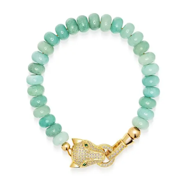 NIALAYA JEWELRY Amazonite Beaded Bracelet With Zirconia Encrusted Panther Head - Green/blue