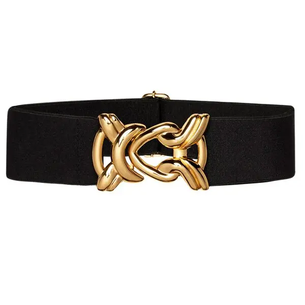 BELTBE Elastic Stretch Belt With Gold Tone Knot Buckle - Black