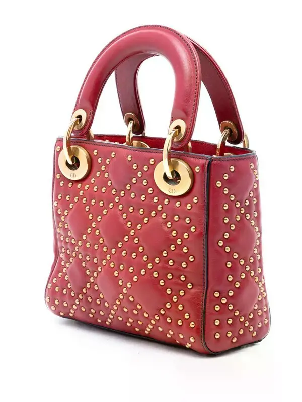 Dior Mini Lambskin Cannage Studded Lady Satchel - Red