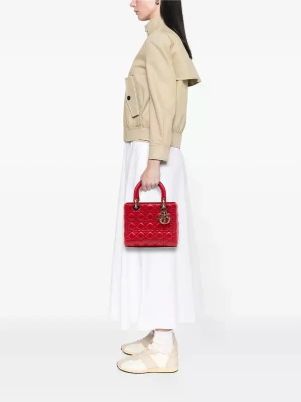 Dior 2015 Medium Lambskin Cannage Lady Satchel - Red