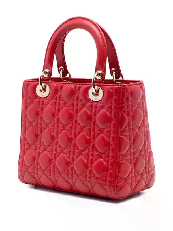 Dior 2015 Medium Lambskin Cannage Lady Satchel - Red