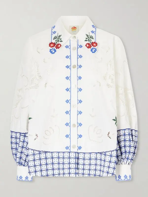 Farm Rio Embroidered Broderie Anglaise Cotton Shirt - Neutrals