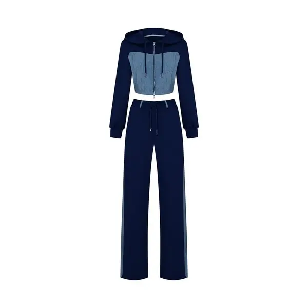 GOC DENIM Denim Detail Cotton Tracksuit Set - Blue