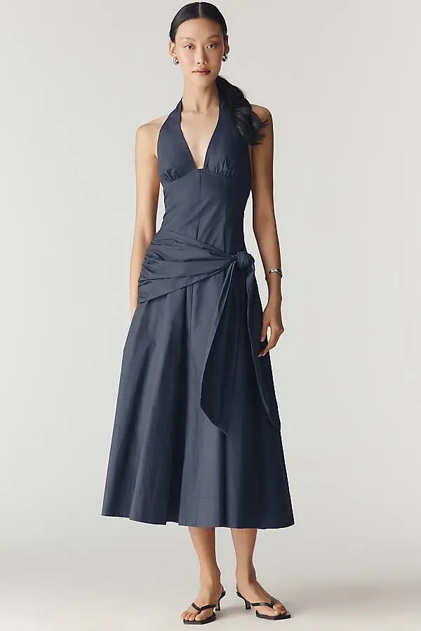 NIA Cadiz Cotton Halter Tie Midi Dress - Navy