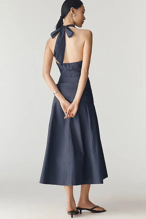 NIA Cadiz Cotton Halter Tie Midi Dress - Navy