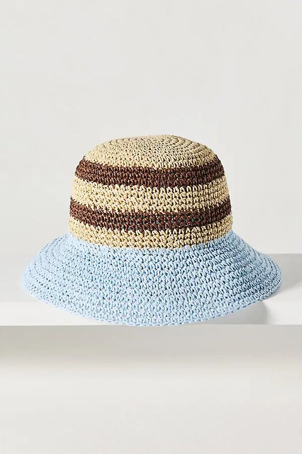 Anthropologie Straw Bucket Hat - Blue Brown
