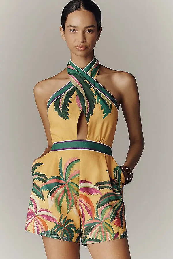 Farm Rio Linen Blend Halter Neck Romper - Enchanted Nature