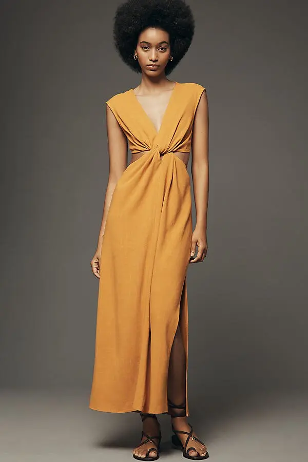 Anthropologie V-neck Cutout Midi Dress - Mustard