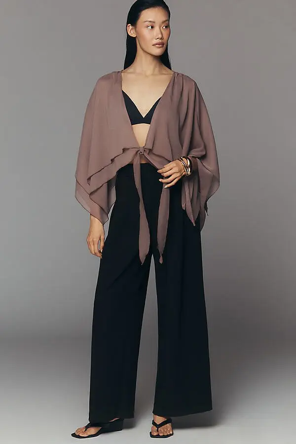 Anthropologie Sheer Layered Poncho With Tie Styling - Mink