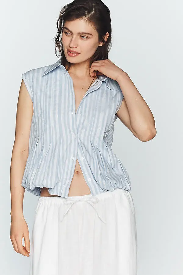 Maeve Sleeveless Pleated Bubble-hem Buttondown Top - Blue Stripe